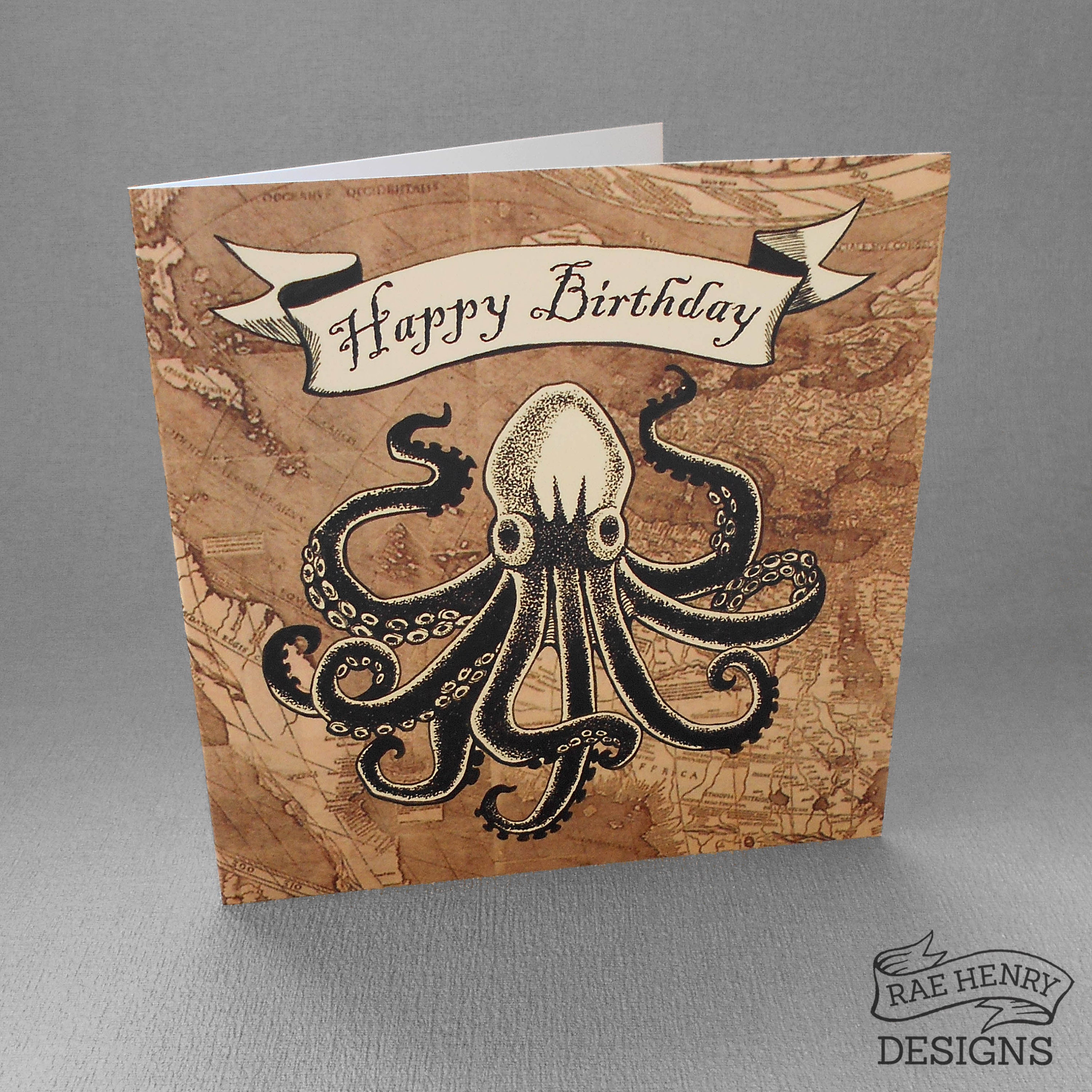 Kraken Birthday Card Octopus Tattoo Steampunk Map Pirate Goth | Etsy