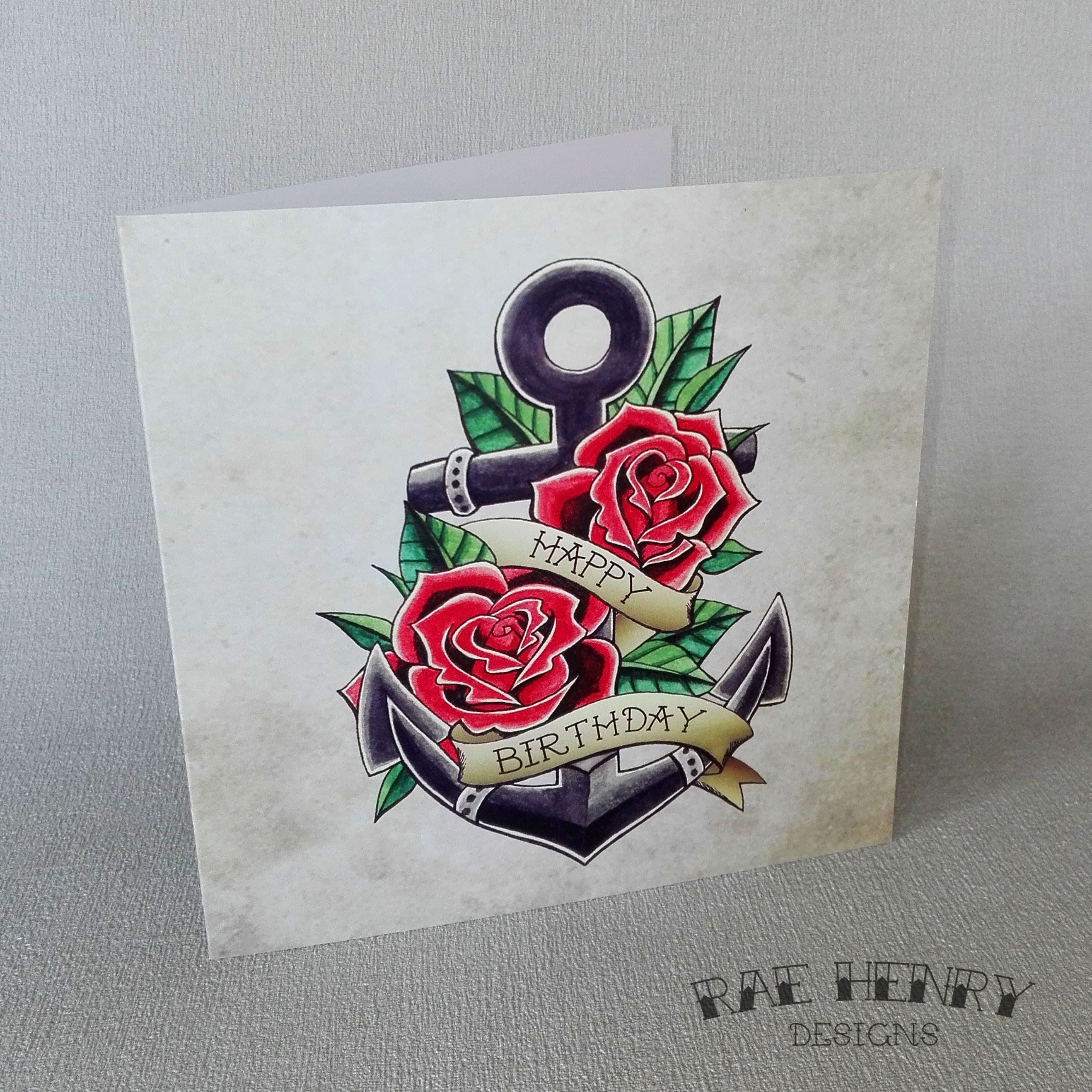 Tattoo Anchor & Roses Birthday Card Rockabilly Sailor Nautical | Etsy