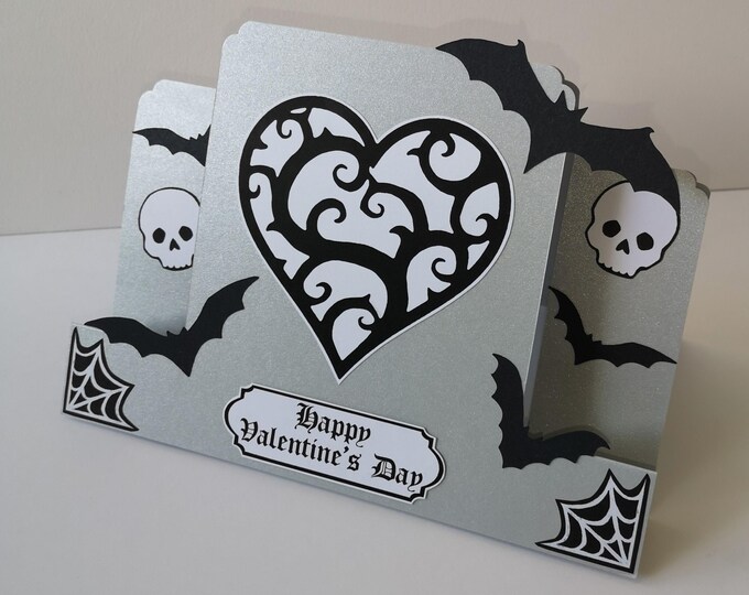 Gothic Valentines Card Pop up 3D Skull Heart Bats Silver Goth Punk ...
