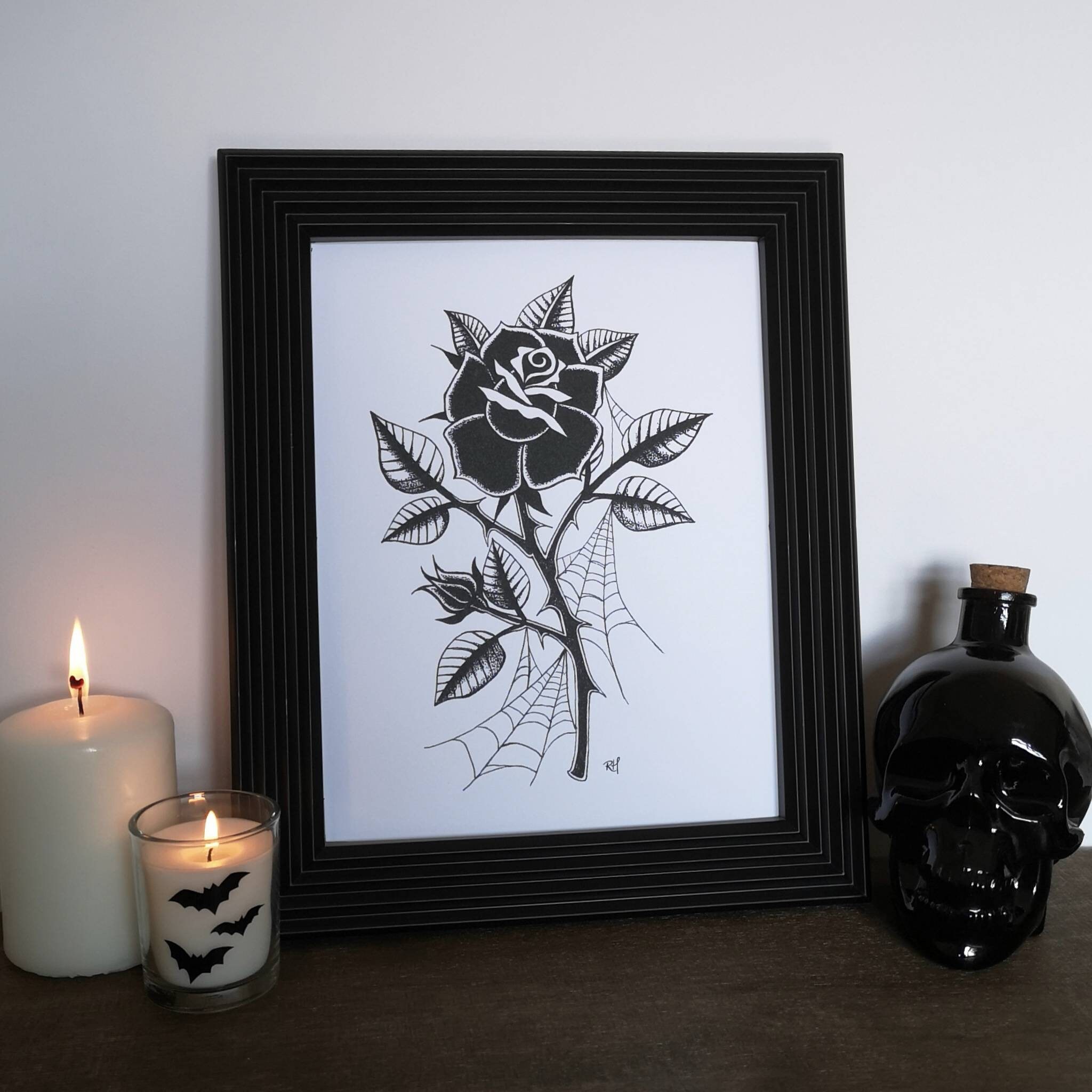 Gothic Art Print Tattoo Black Rose and Cobwebs Goth Home Decor - Etsy UK