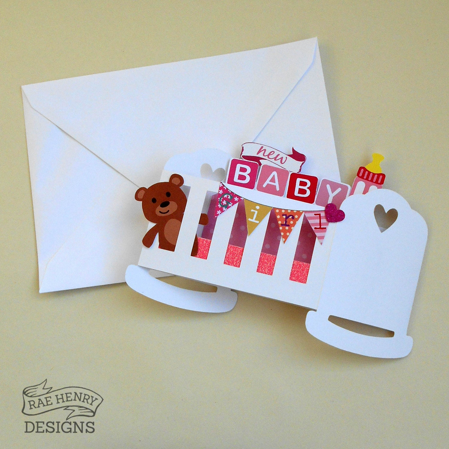 Pop up New Baby Girl Card 3-D Rocking Cot Crib Handmade Pink | Etsy UK