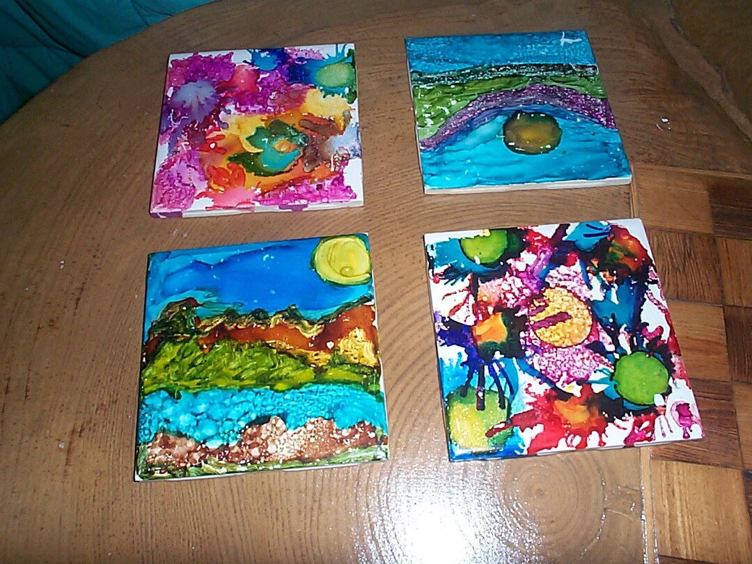 4 Hand Painted Ink Alcohol Tiles Psychedelic Style Tiles, Coasters Hot ...