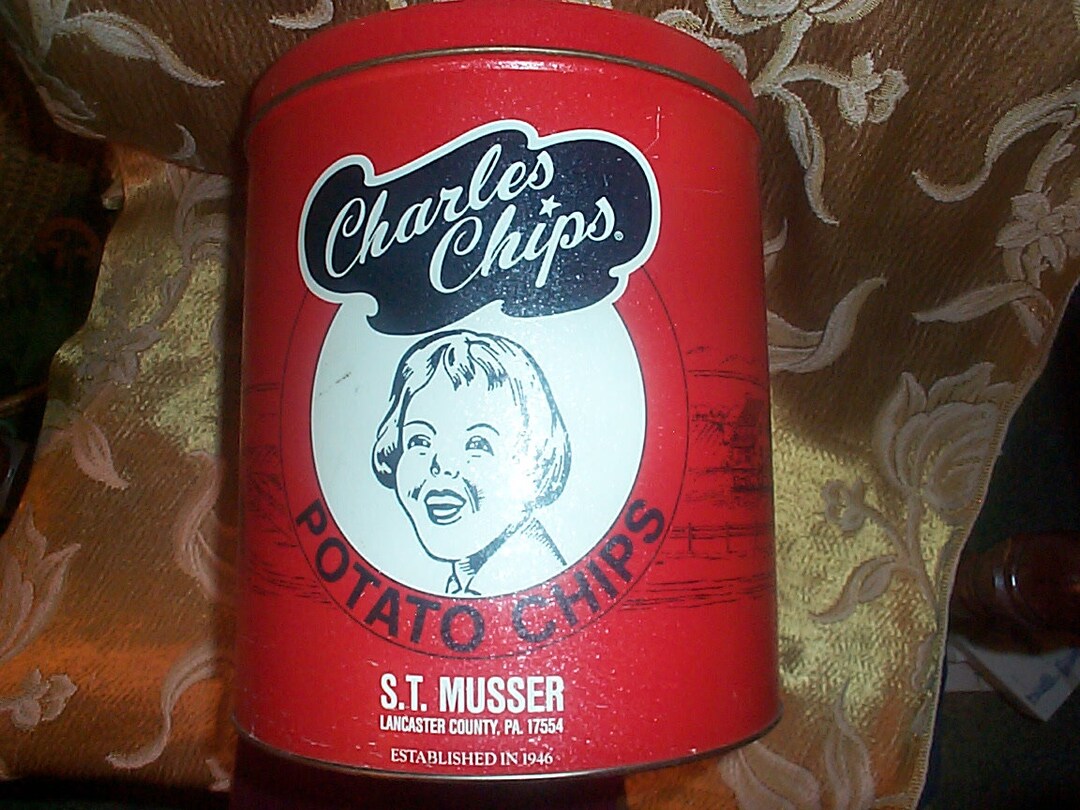 Vintage Charles Chips RED Potato Chip Tin Litho Can Commemorative 1990 ...