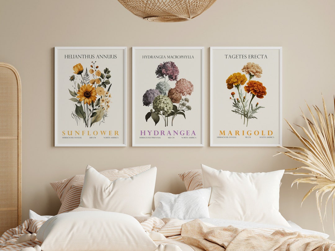 Flower Wall Decor, Set of 3 Prints, Digital Wall Art, Floral Poster ...