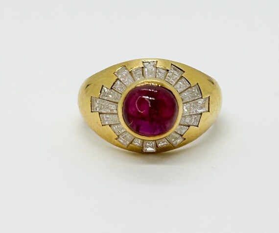 Dome Ring 7mm Ruby Cabochon & Baguette Diamond 18k Ye… - Gem