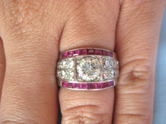 Vintage 1920/ 1930's Diamond and Ruby Wide Band with … - Gem