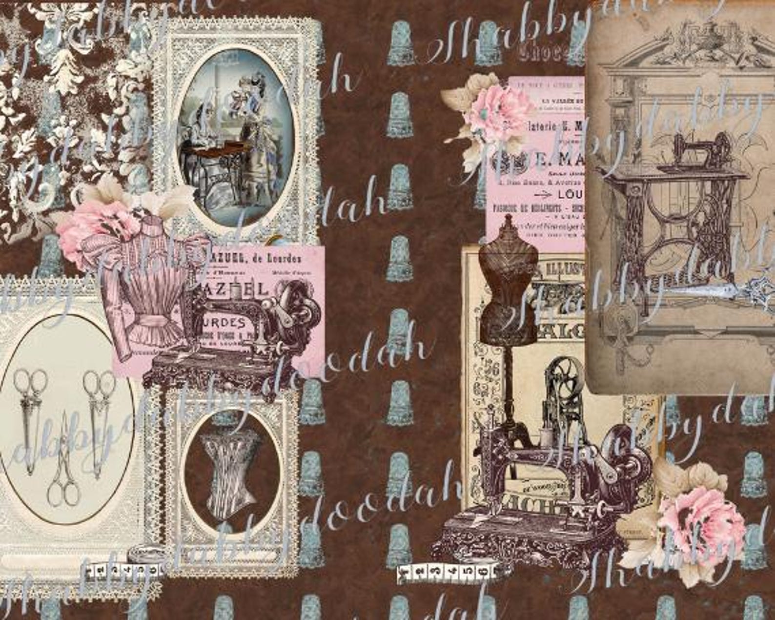 28 Pg SEWING Blue Brown COLLECTION Beautiful Background Pages Themed ...