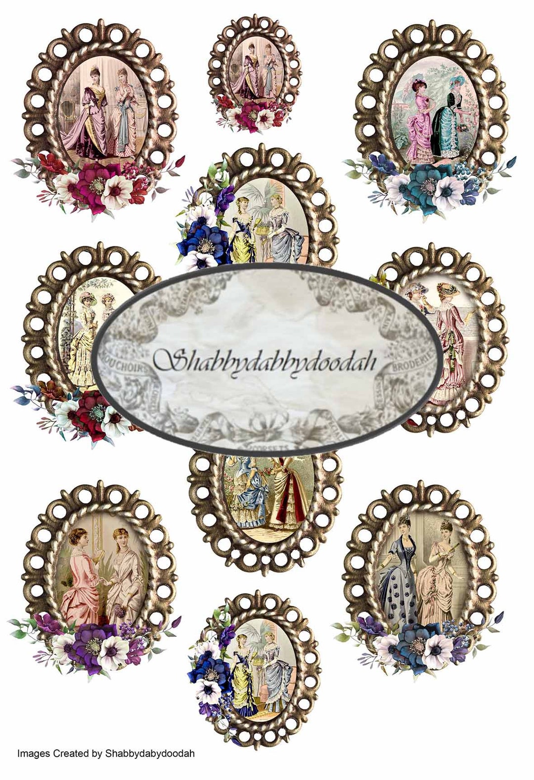 1 Page Lady Lockets Set 2 Vintage Themed Cuts Set of Framed Ladies ...