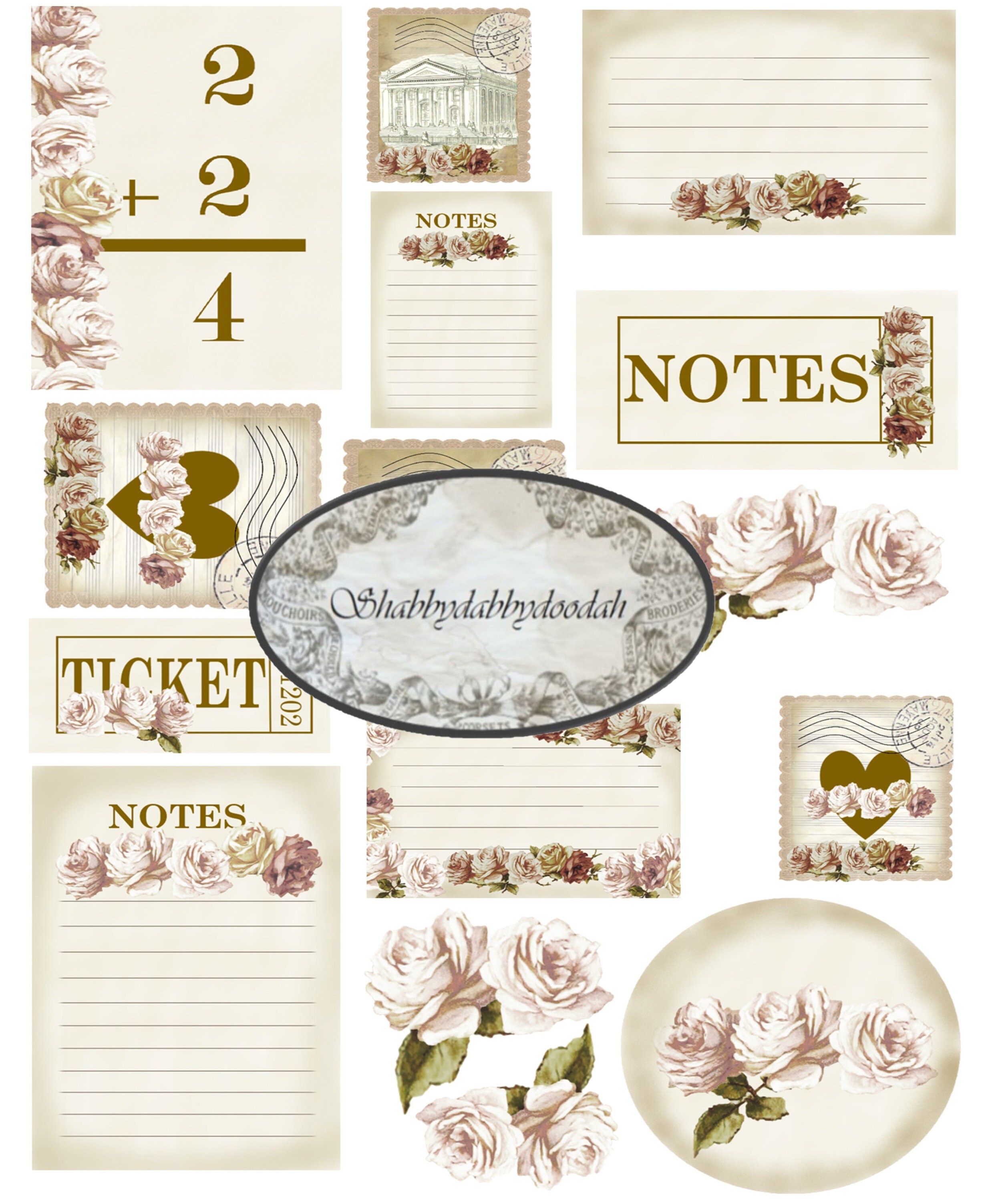VINTAGE NOTES Vintage Ephemera Set Romantic Roses Tickets Tags ...
