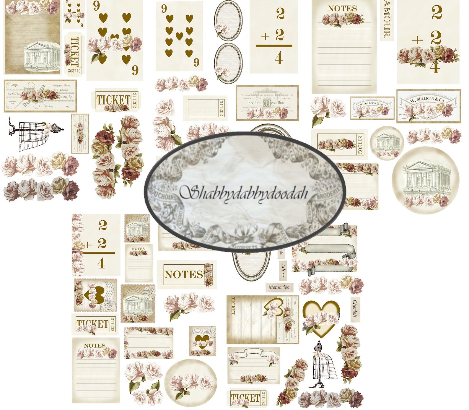 VINTAGE NOTES Vintage Ephemera Set Romantic Roses Tickets Tags ...