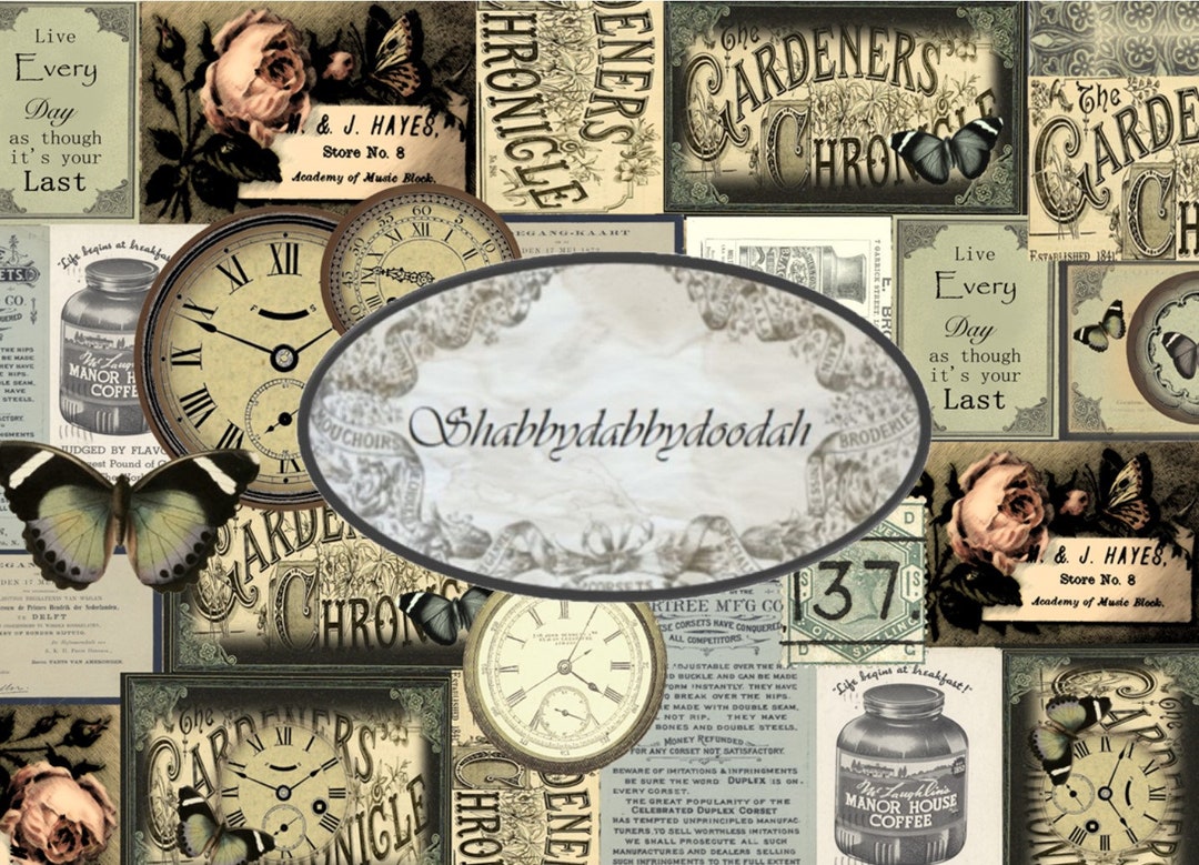 14 Pg TIME TRAVELLER Vintage Themed Collage Digital Print Background ...