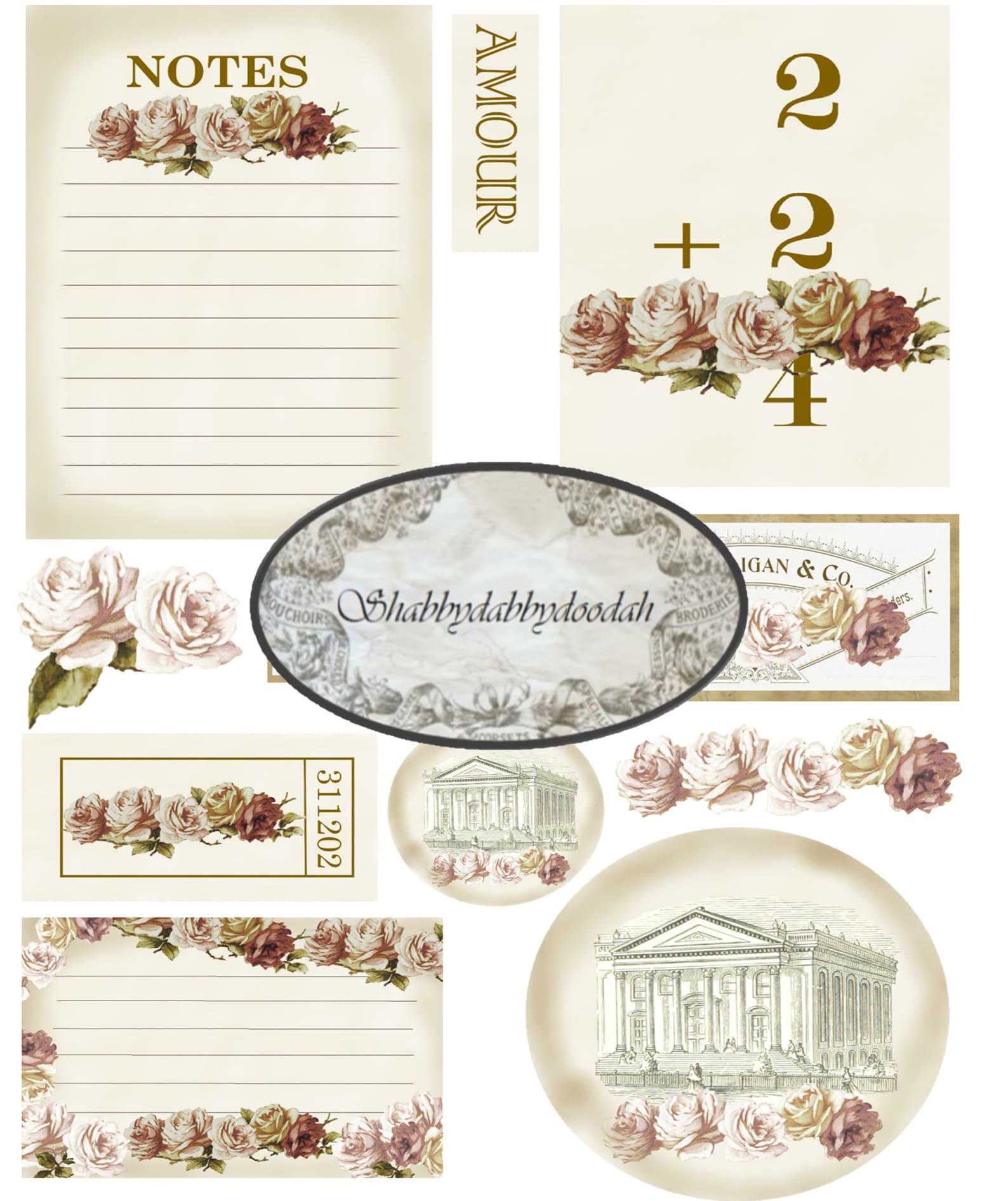 VINTAGE NOTES Vintage Ephemera Set Romantic Roses Tickets Tags ...