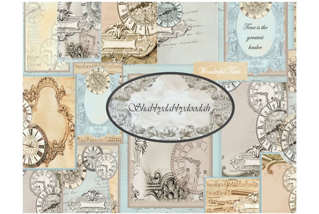 16 Pg TICK TOCK Vintage Duck Egg Blue Coloured Background Pages Clocks ...