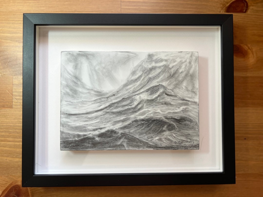Stormy Sea Artwork Graphite Drawing on Wood With Frame Ready to Hang ...