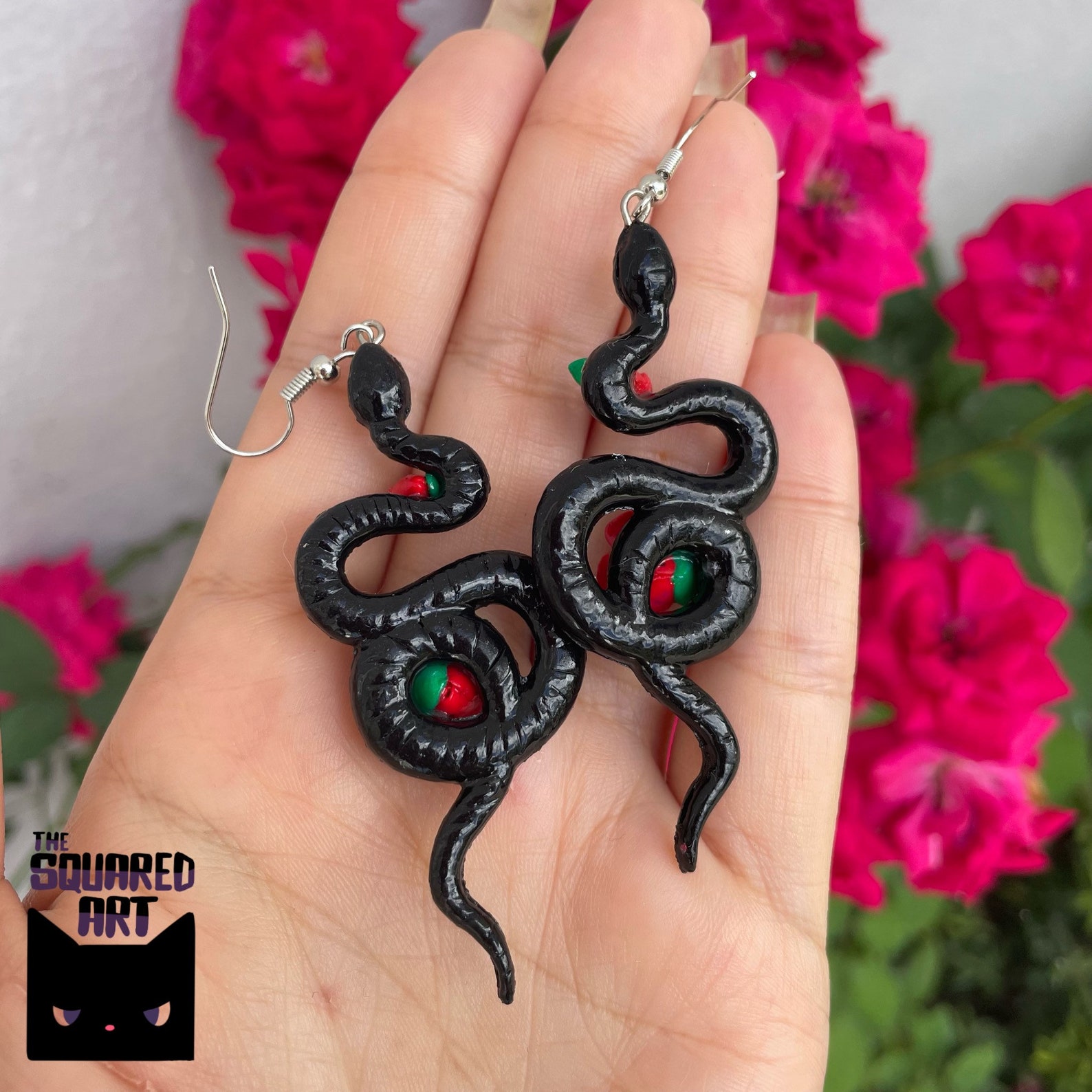 Polymer Clay Black Snake Serpent Earrings With Red Roses - Etsy