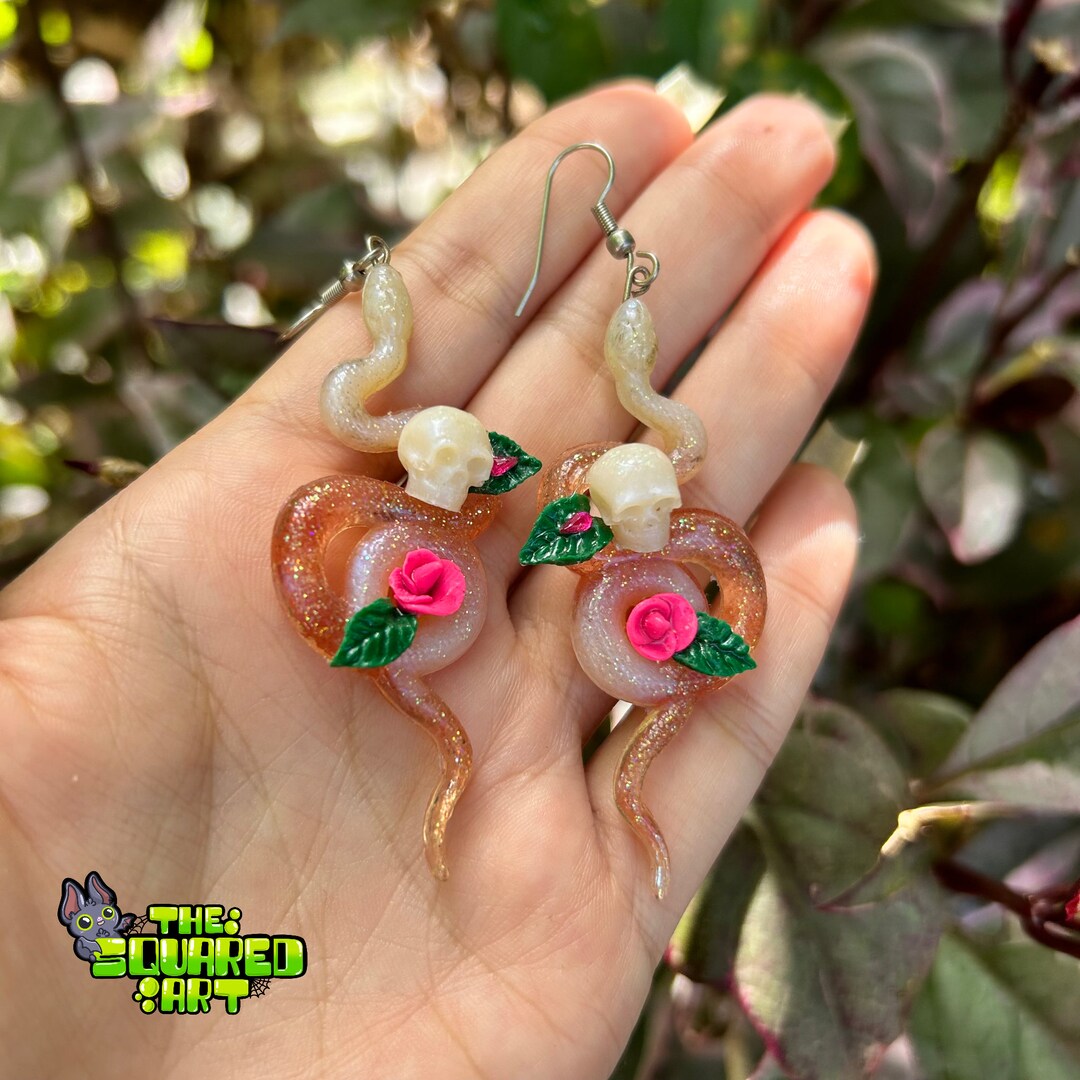 Resin White and Pink Snake, Serpent Earrings, With Pink Roses and ...