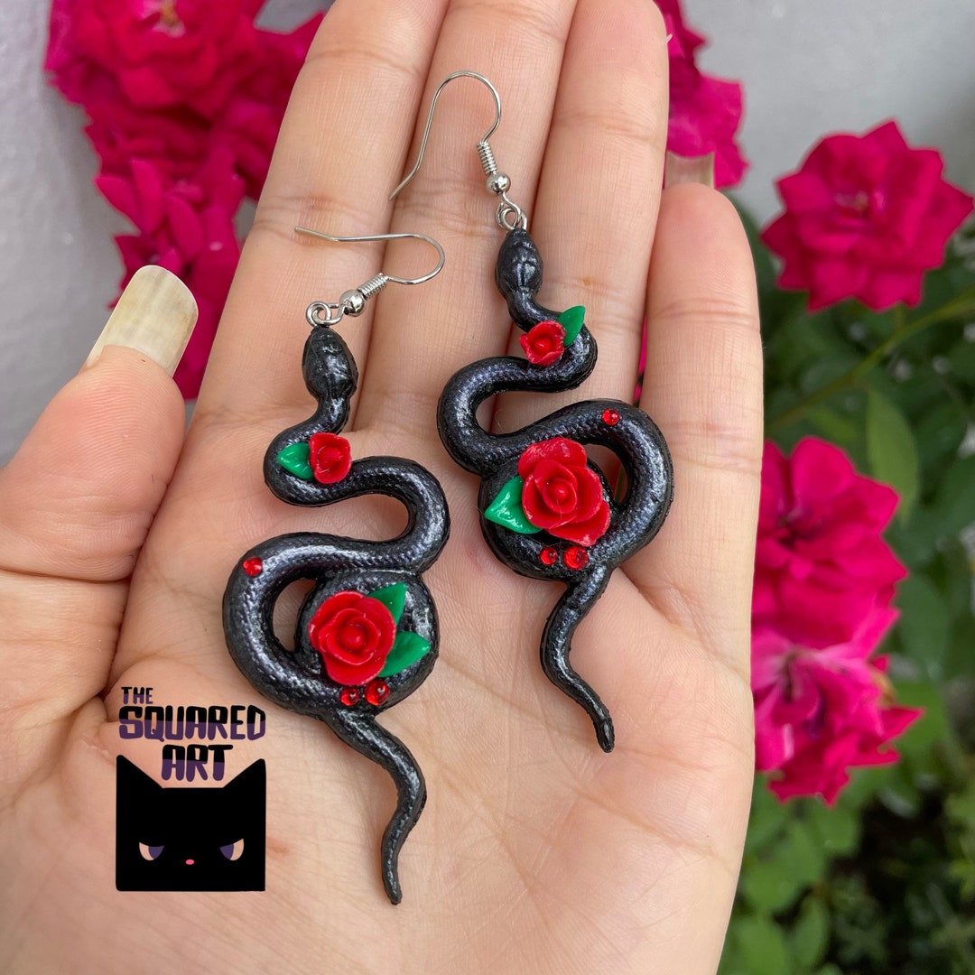 Polymer Clay Black Snake, Serpent Earrings, With Red Roses - Etsy