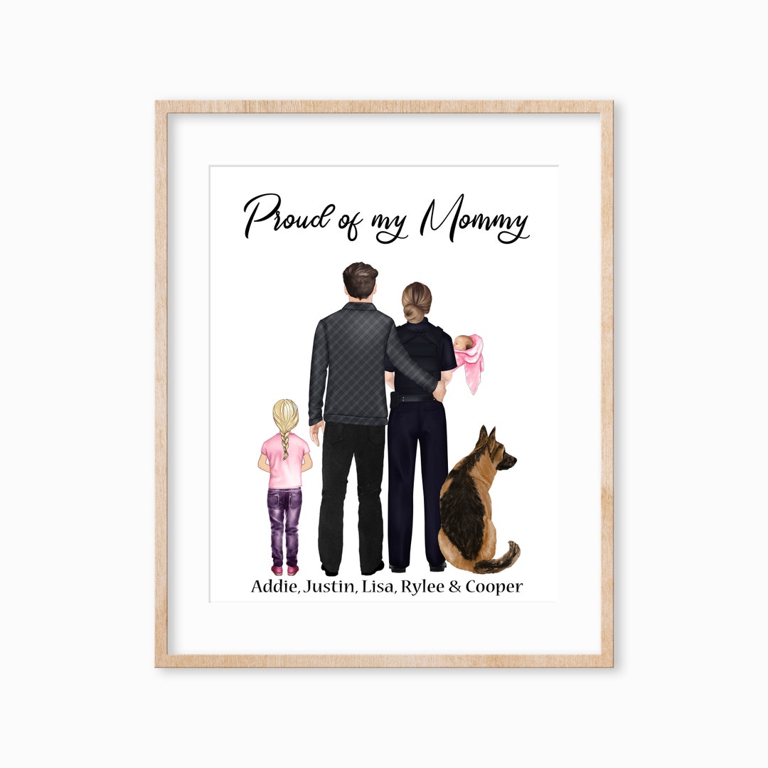 Custom Family Portrait Print With Police Mom, Family Portrait With Pets ...