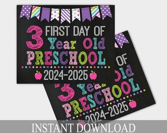 First Day of 3 Year Old Preschool Sign Print Yourself Back to School ...