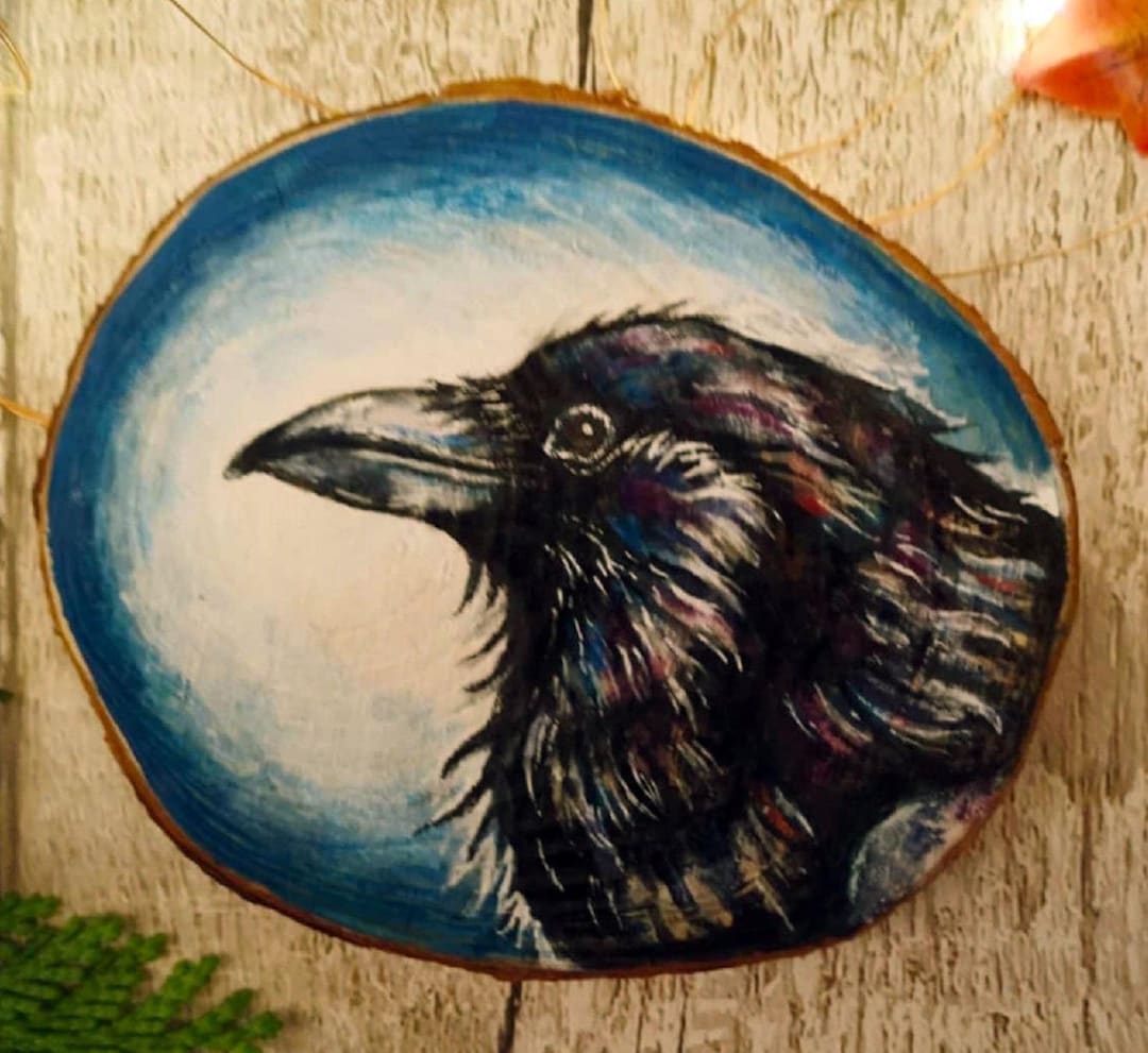 Hand Painted Raven Wood Slice, Original Art. - Etsy