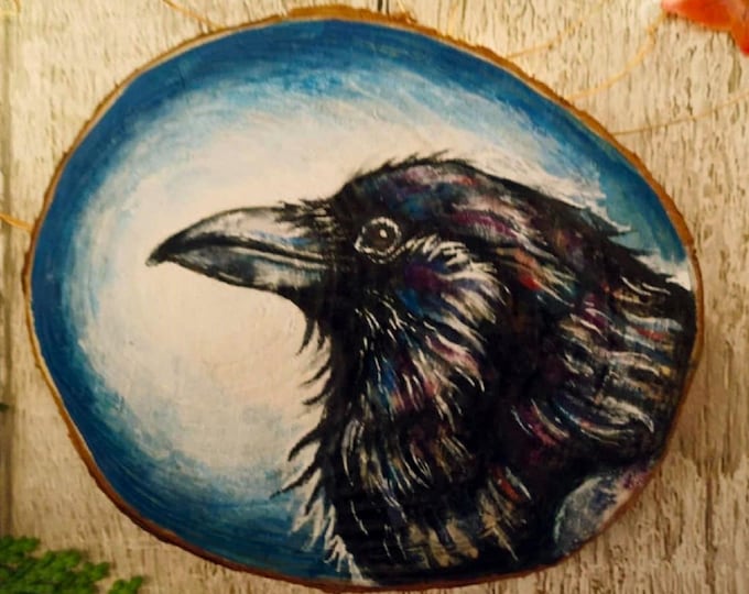 Raven Wood Slice Painting, Crow Acrylic on Natural Wood, Witchy Gothic ...