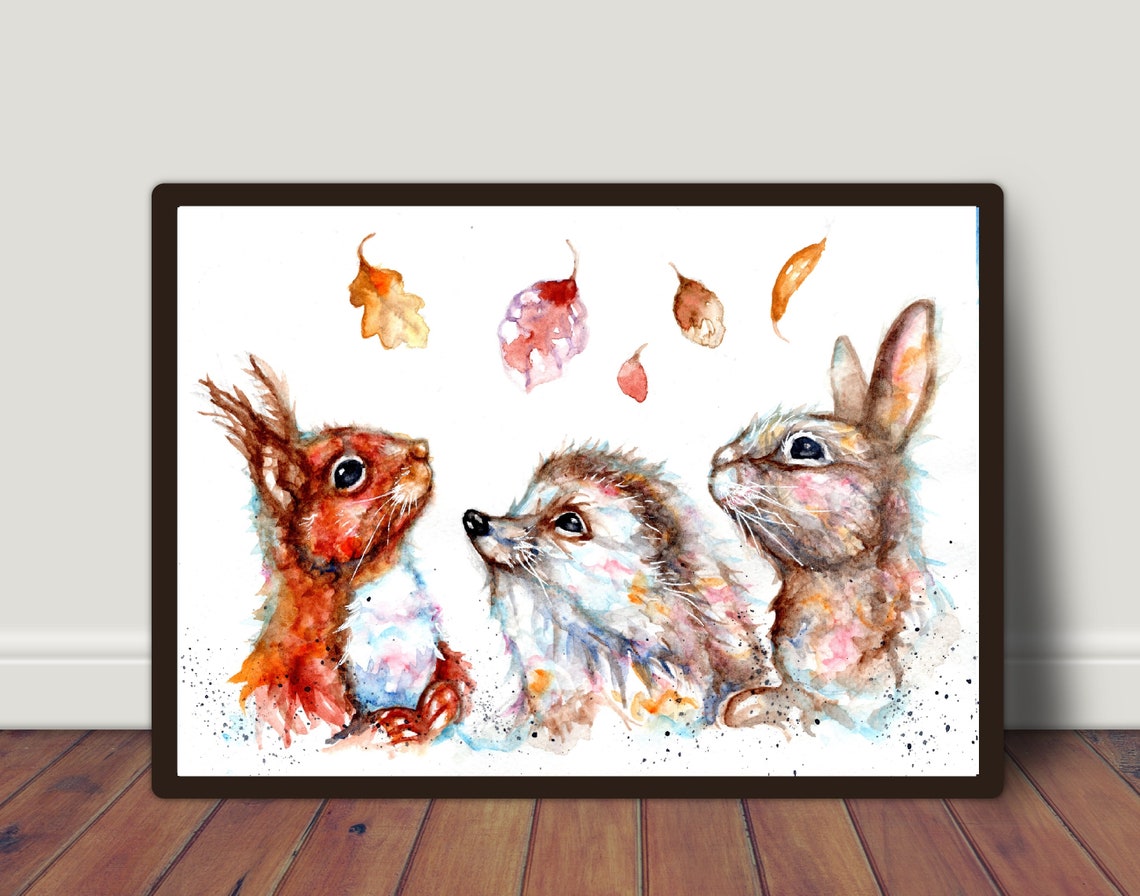 The Fall AutumnLeavesWoodland Animals and Leaves Original | Etsy