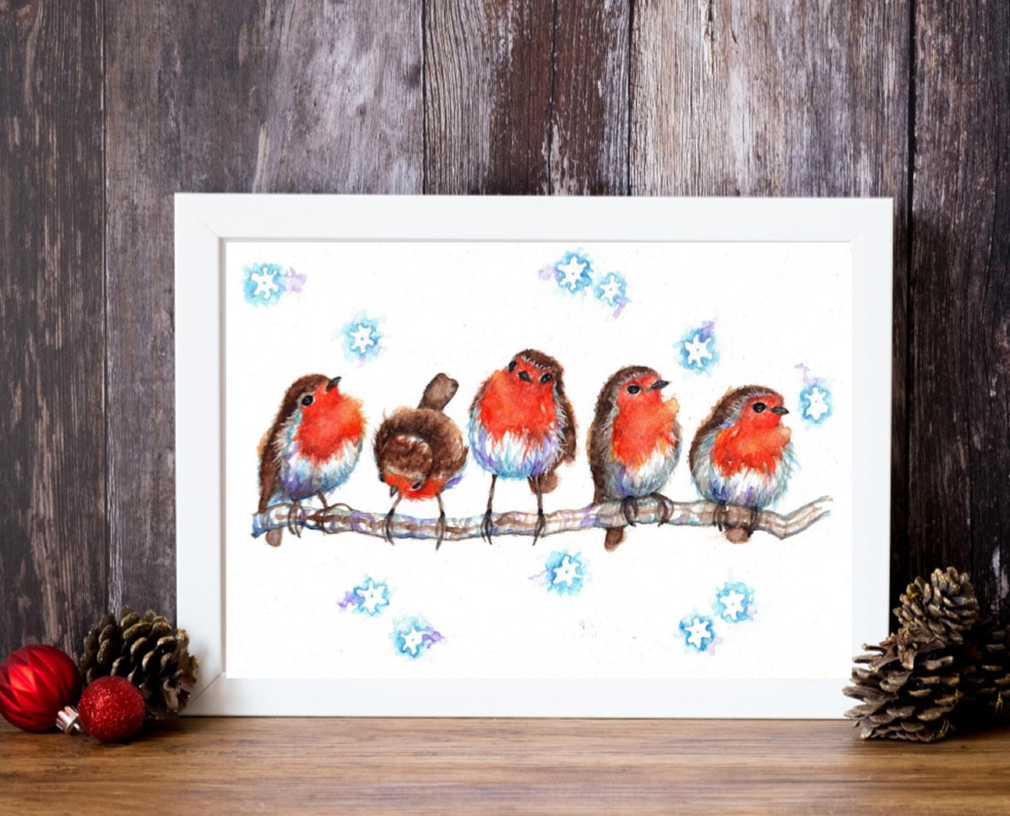 Christmas Robins in a row Watercolour Painting Robin | Etsy
