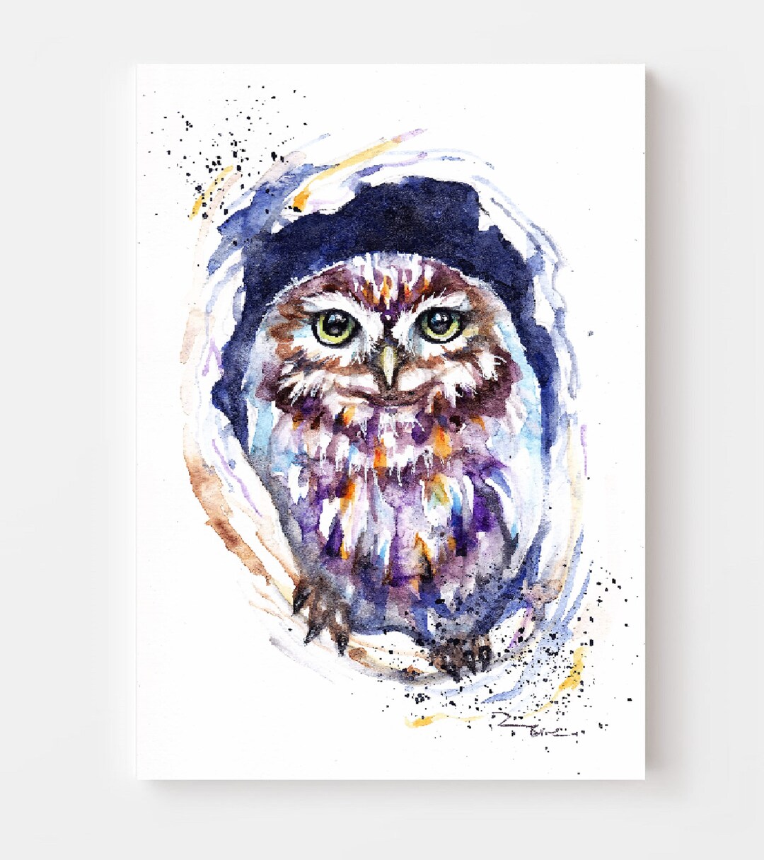 Watercolor Little Owl Portrait Print on Canvas With Solid Pine Frame ...