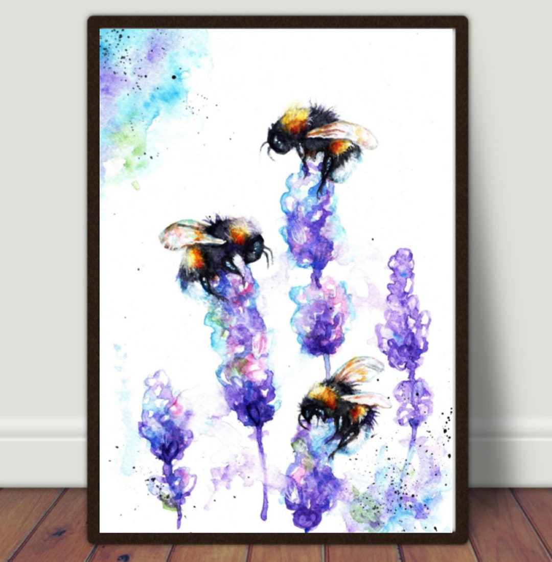 Bees Art Print, Bee and Lavender Wall Art, Bees Watercolour Painting ...