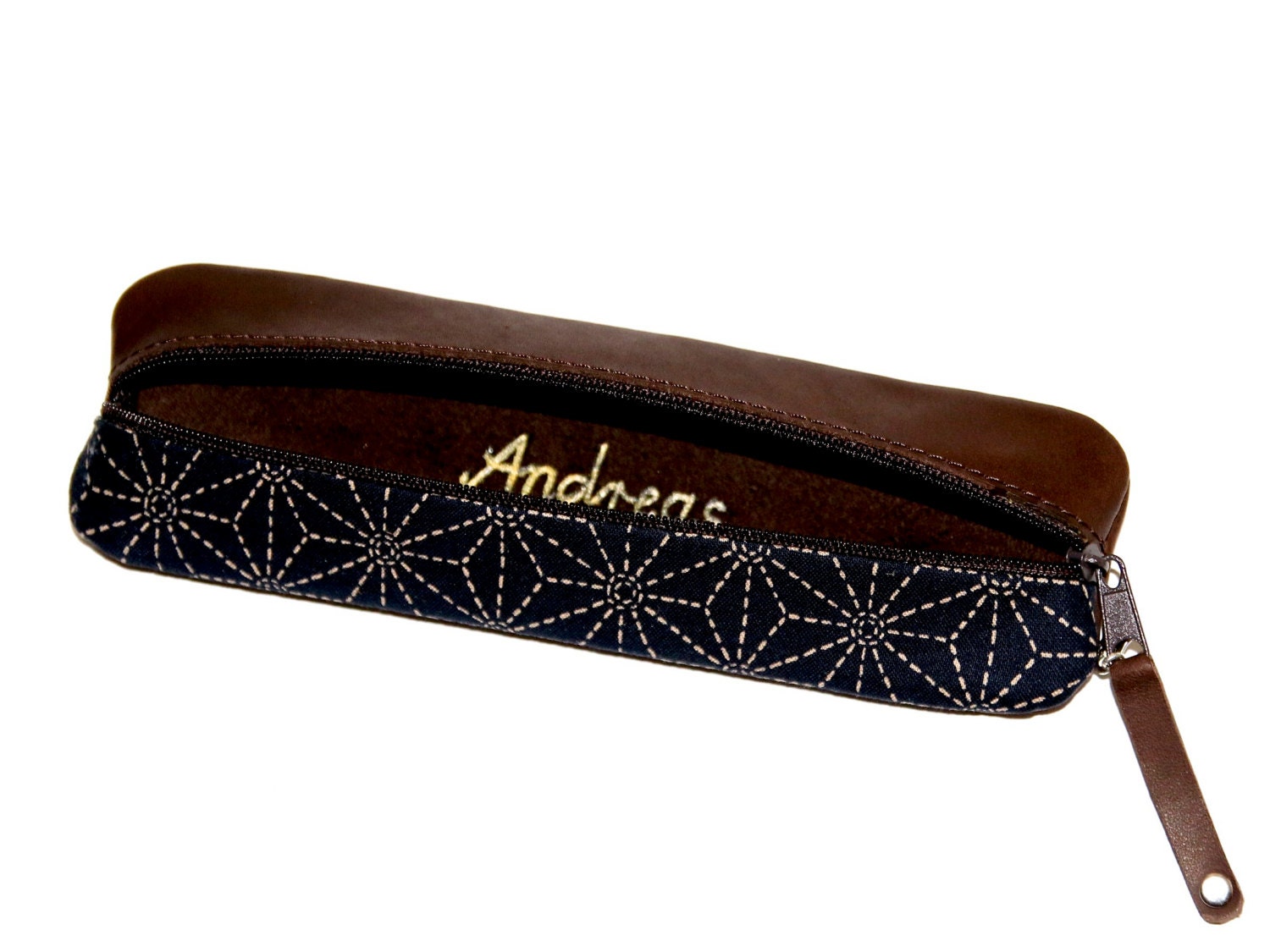 Pencil Case LEATHER & Fabric Asanoha Dark Blue JAPANESE UNIQUE - Etsy