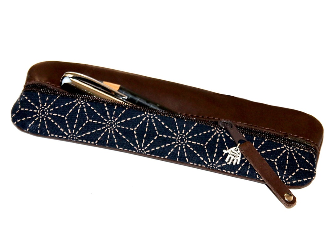 Pencil Case LEATHER & Fabric Asanoha Dark Blue JAPANESE UNIQUE - Etsy