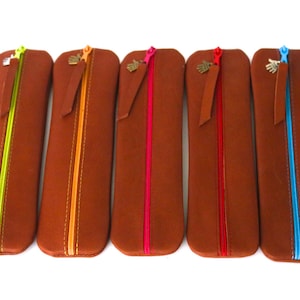 Pencil Case / Pen Bag / Pouch LEATHER in Brown With Colored Zipper ...
