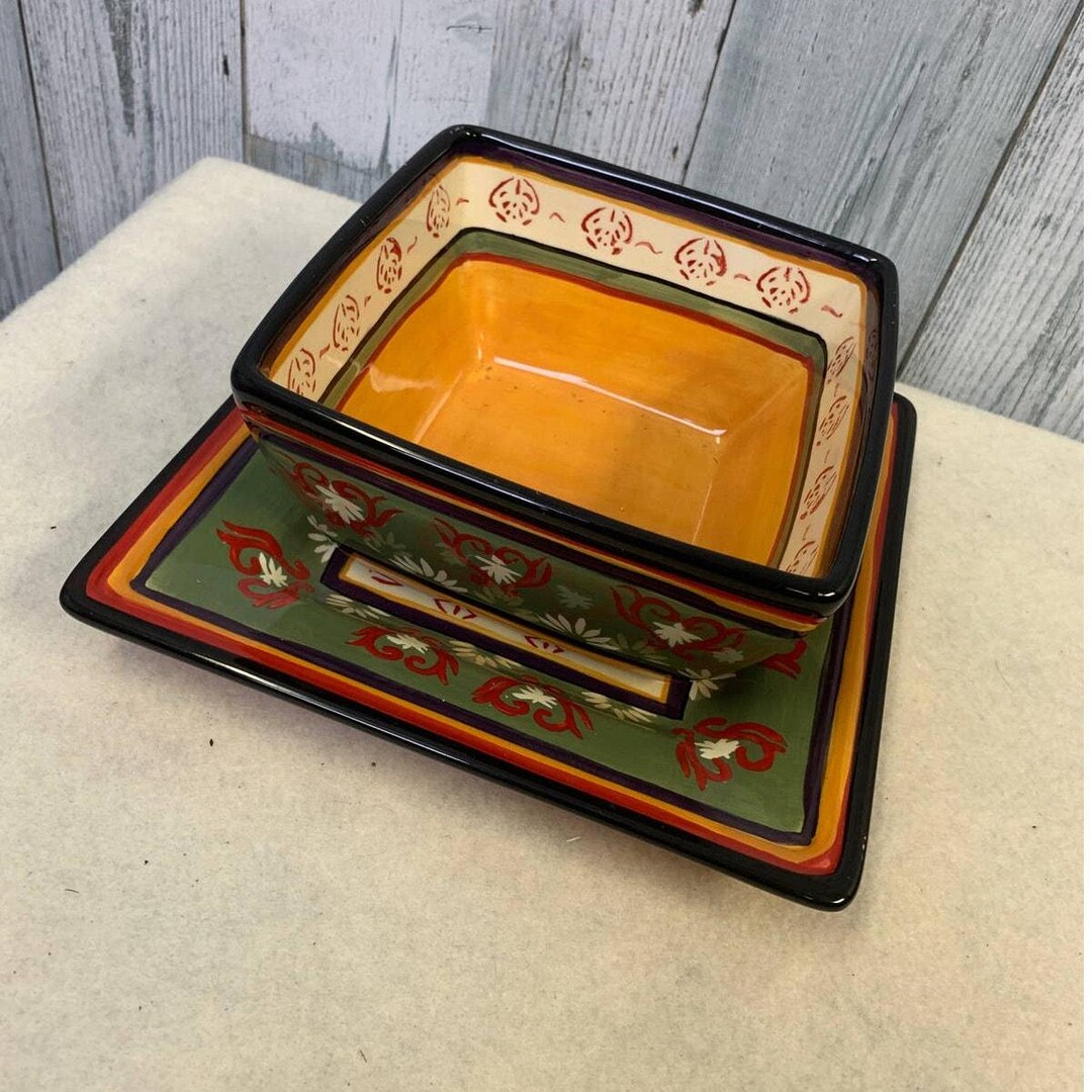 Real Kitchen Folk Art Inspired Square Ceramic Bowl W Matching Plate ...
