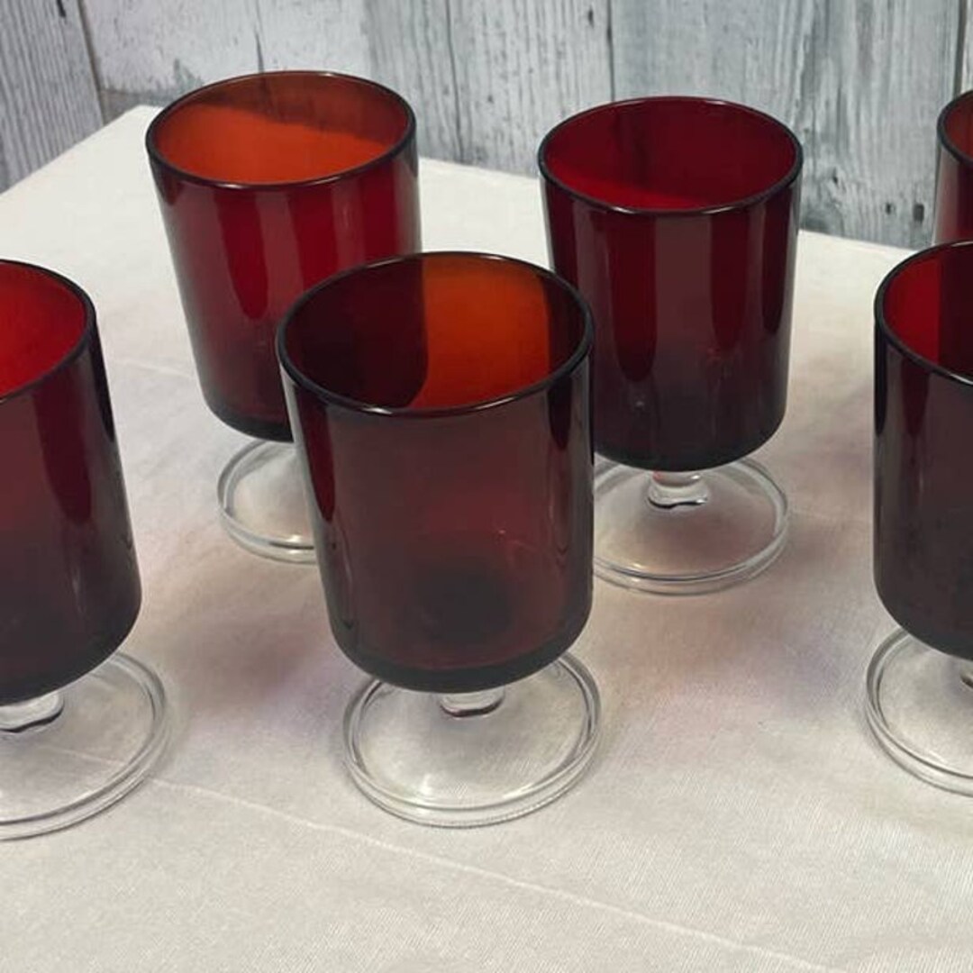 Vintage Set of 8 Small Red Clear Glass Footed Dessert Snifter Drink ...