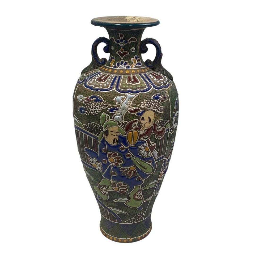 Vintage Ceramic Asian Couple Painted Mosaic Double Handle Crack Repair ...