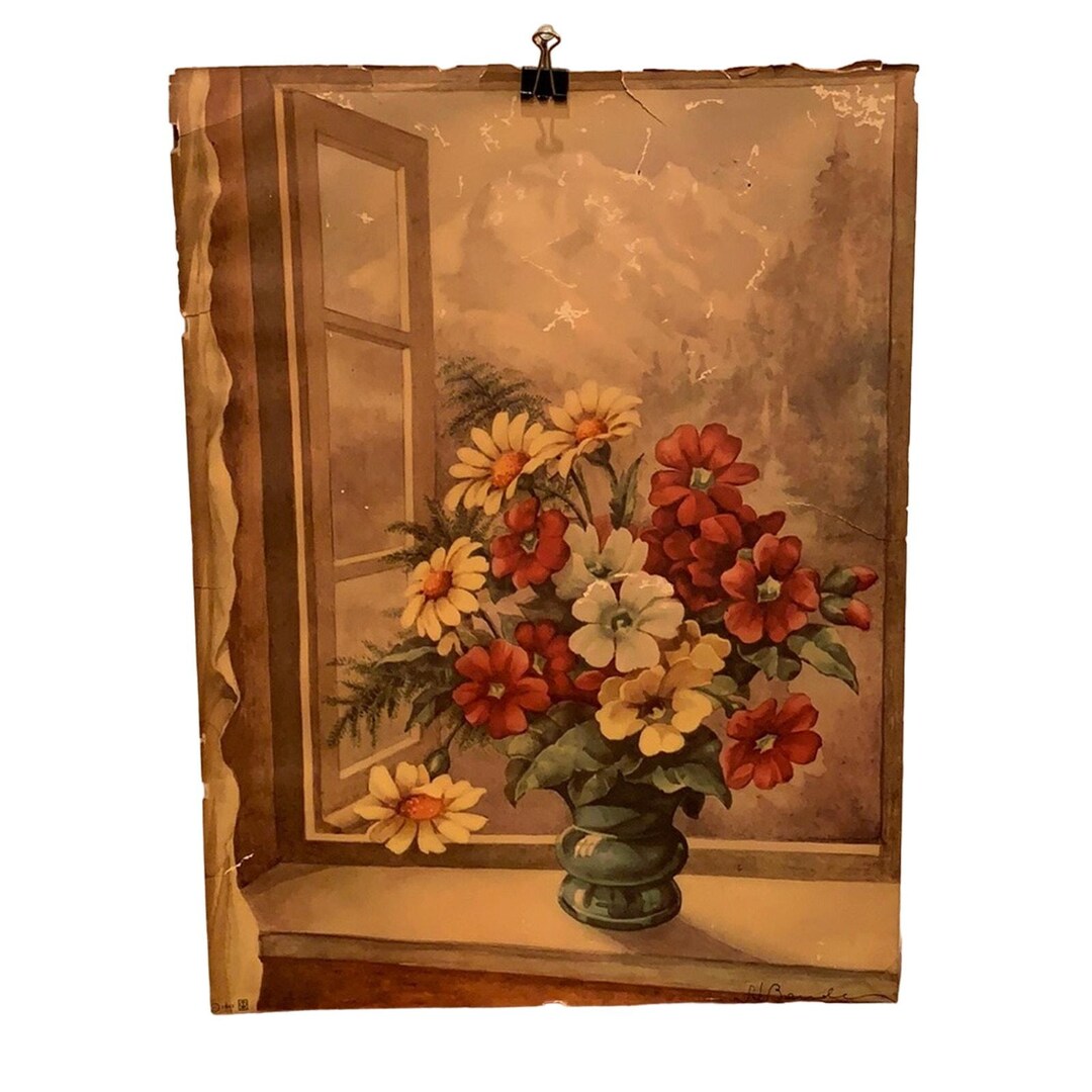 Vintage 1941 S J Bende Flowers in Window Thin Paper Brown Red Yellow ...