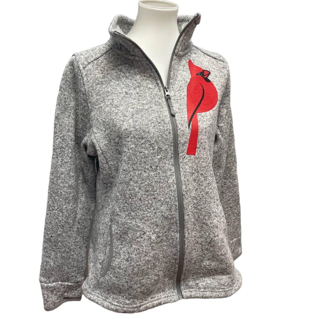 Hand Printed Upcycled Womens Large Red Cardinal Bird Polyester Full Zip ...