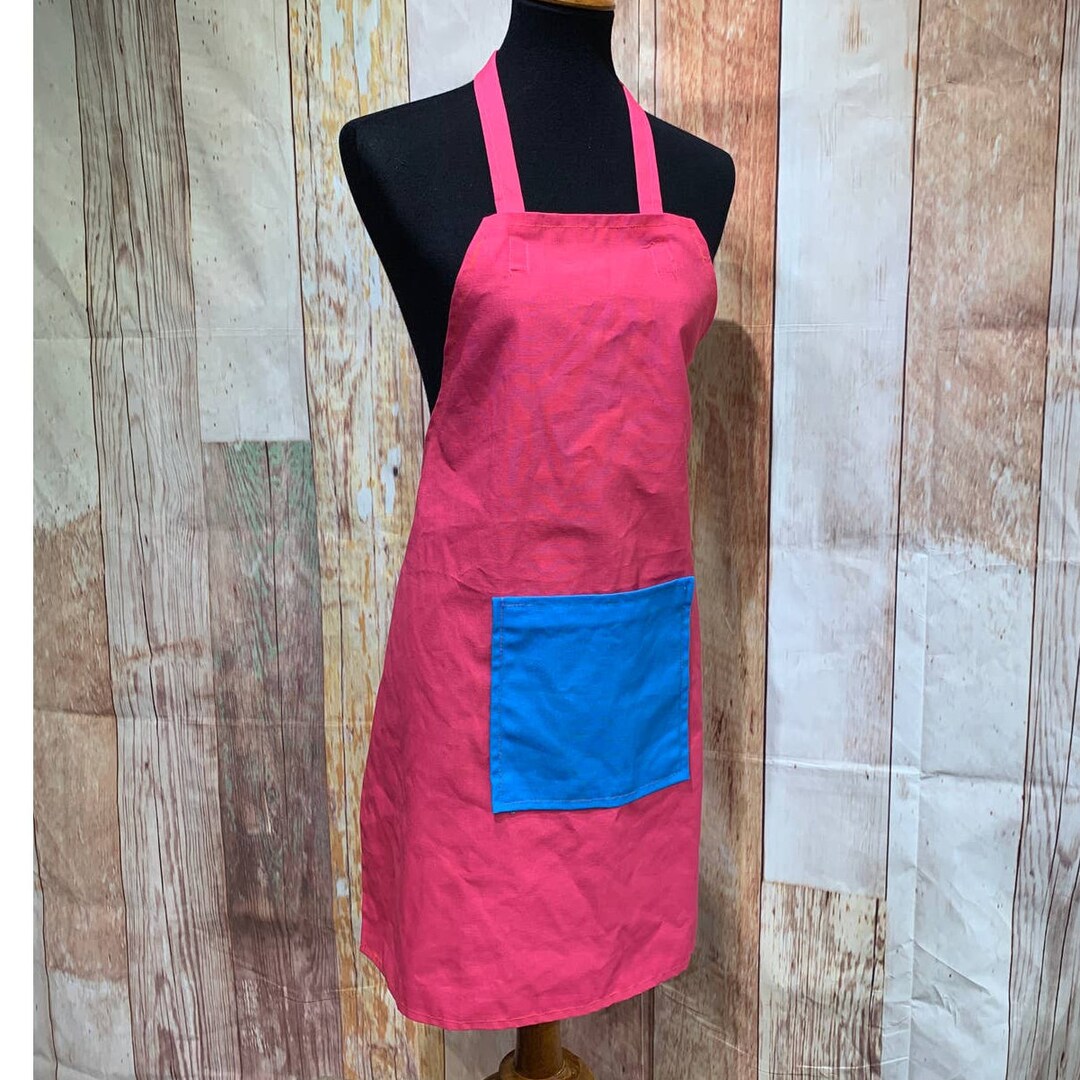 Handmade Hot Pink W Blue Pocket Craft Kitchen Smock Long Apron W Ties ...