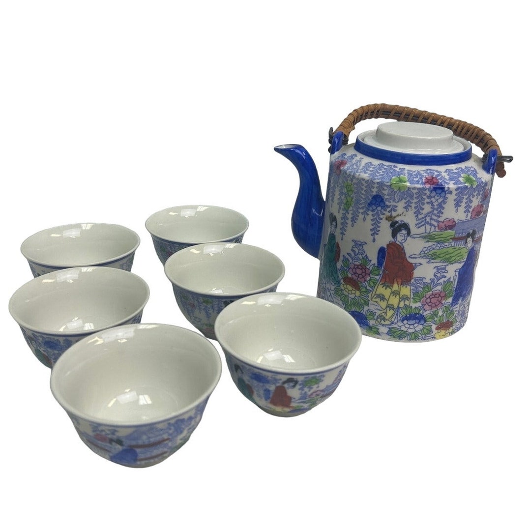 Vintage Japanese Blue Painted Ceramic Teapot Teacup Set Bamboo Handle ...
