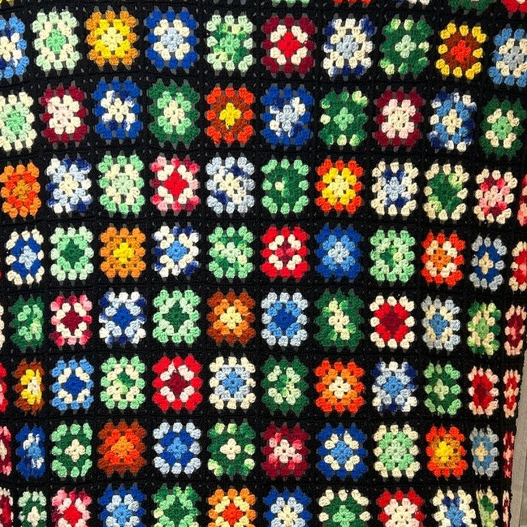 Vintage Handmade Multi Color Granny Square Hand Crocheted Blanket ...