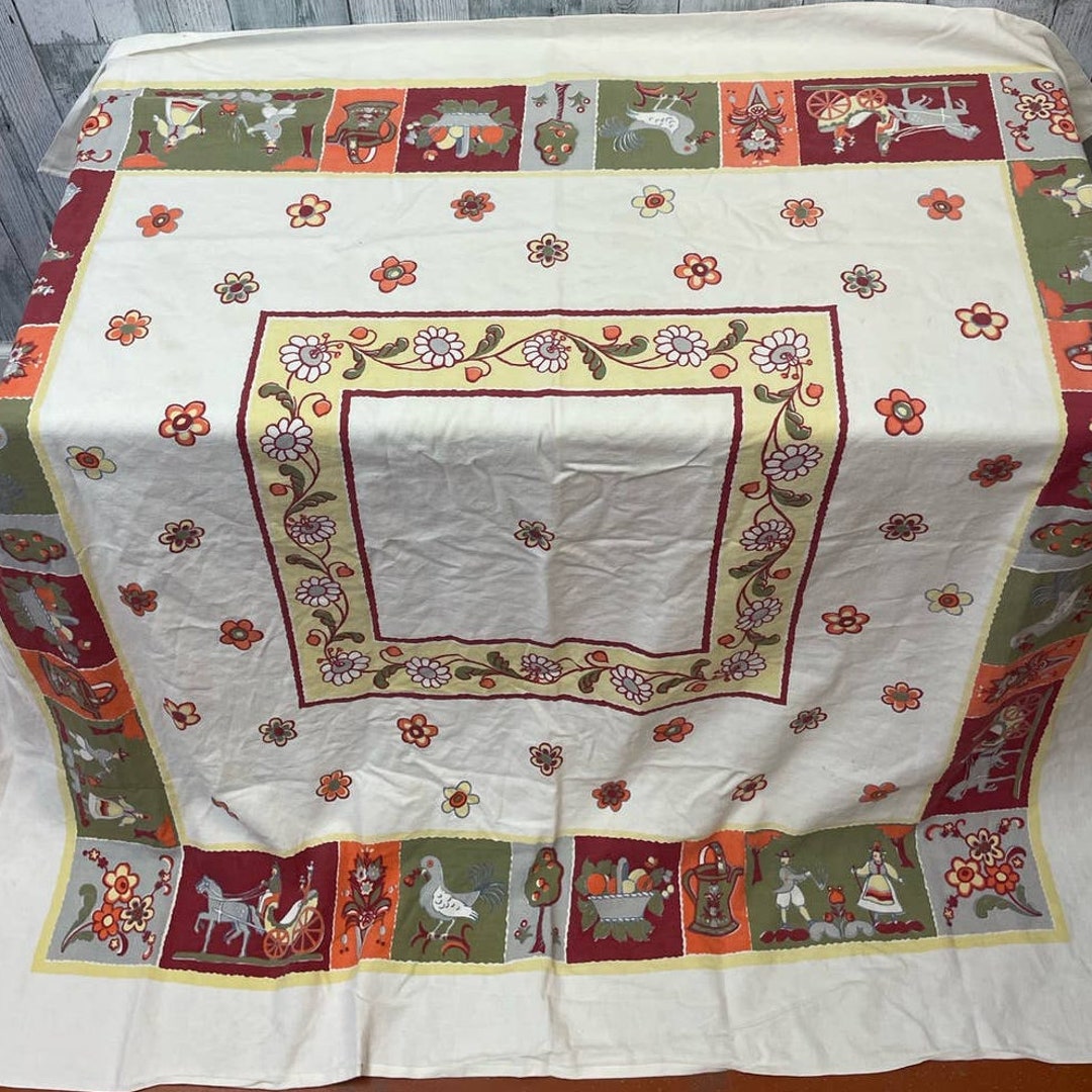 Vintage Startex Cottage Core Floral Pigeon Horse Dining Table Cloth ...