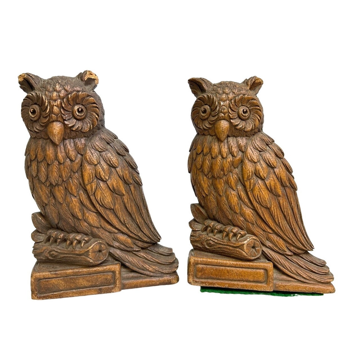 Vintage Carved Wooden Owl on Tree Branch Bookends W Chipped Ear Crack ...
