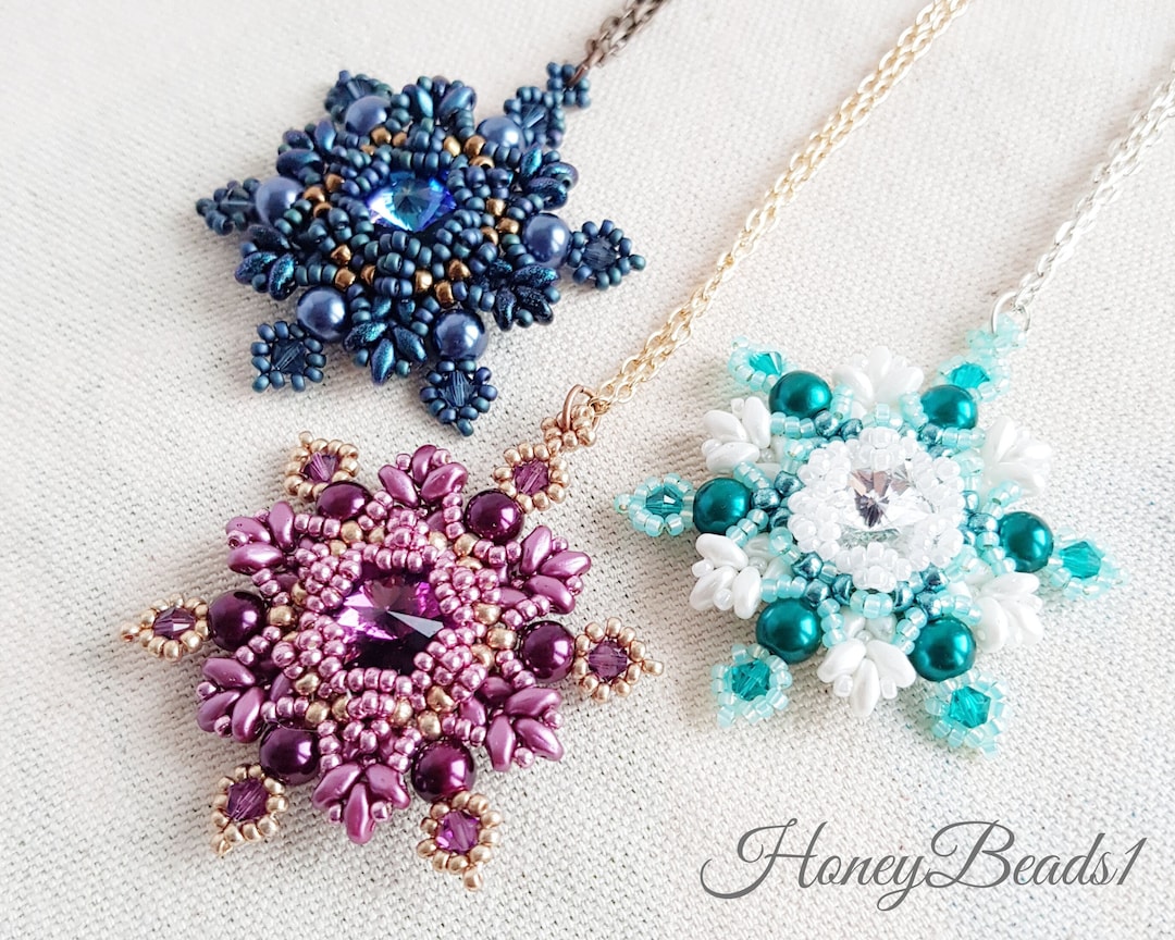 Snowflake Beading Pattern, Superduo Beaded Snowflake, Beadwork Necklace ...