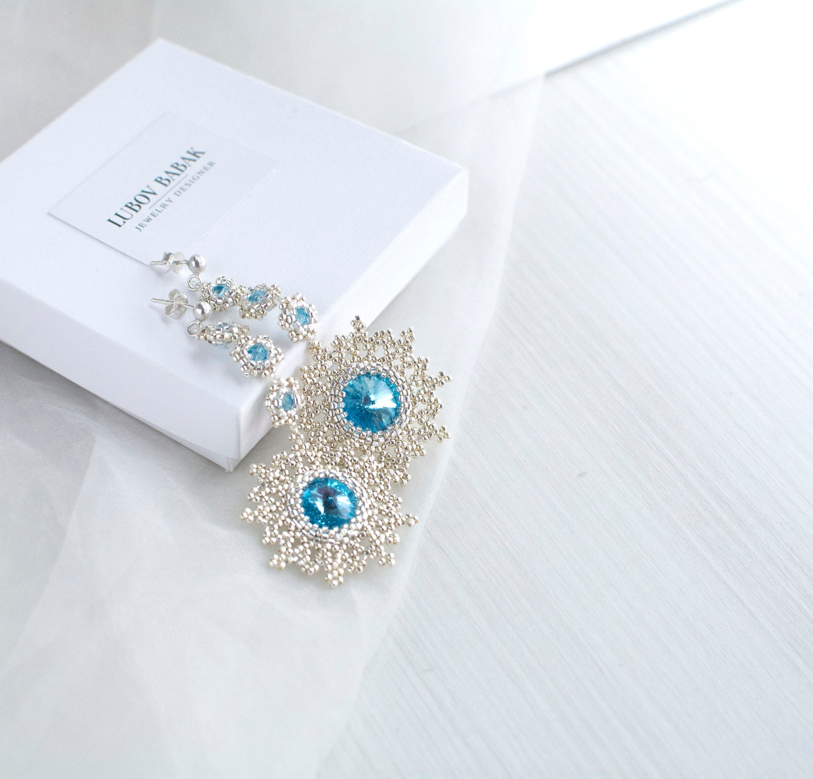 Silver Snowflakes Earrings With Blue Austrian Crystals and Beads ...