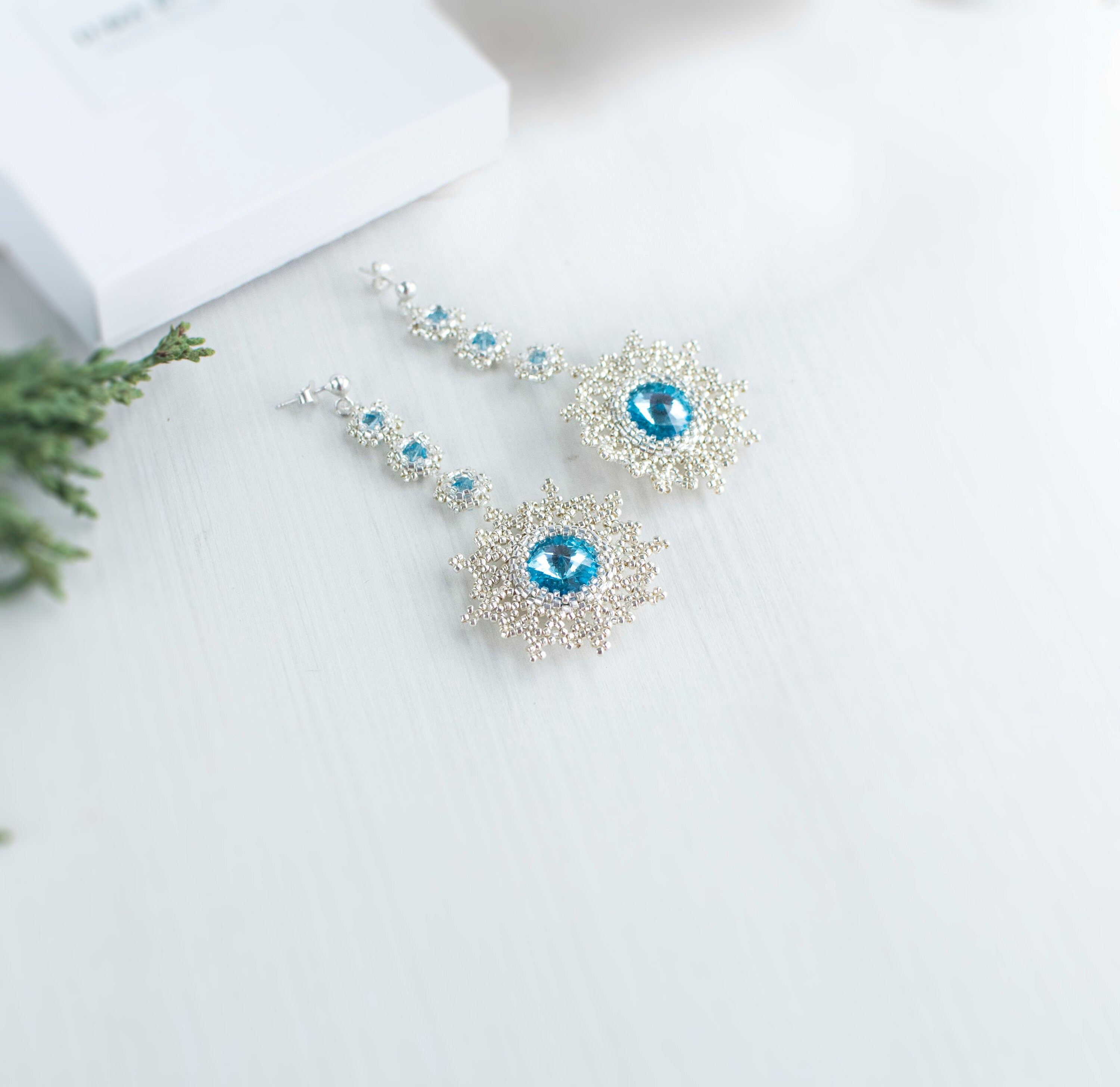Silver Snowflakes Earrings With Blue Austrian Crystals and Beads ...