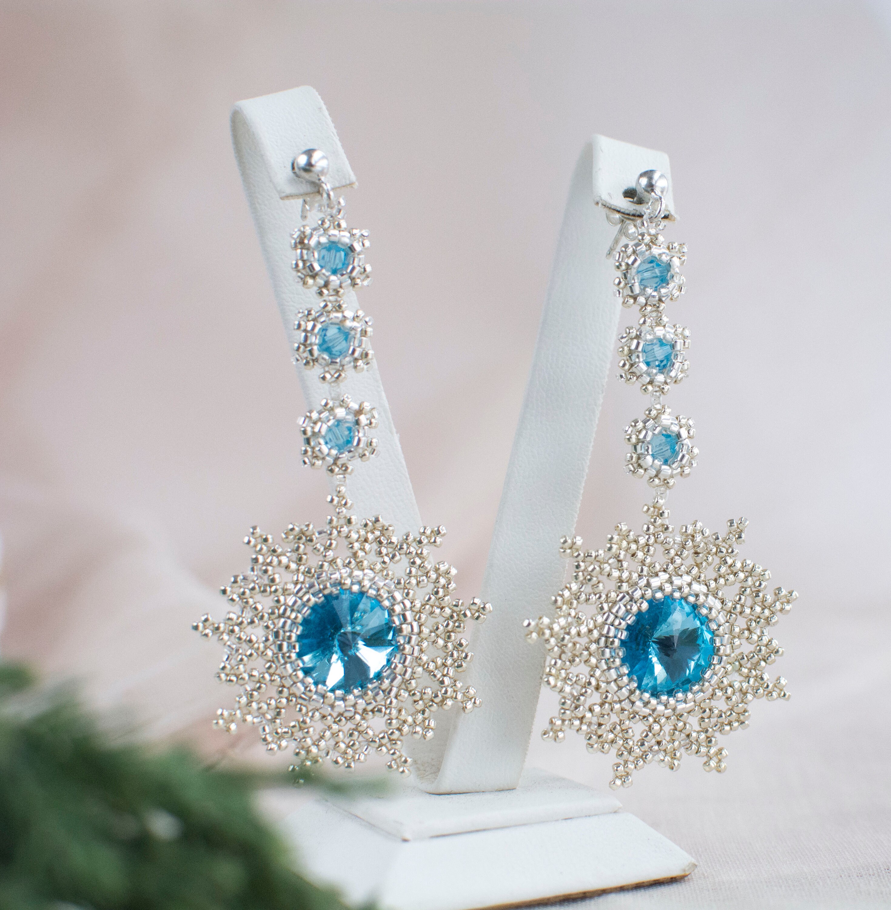 Silver Snowflakes Earrings With Blue Austrian Crystals and Beads ...