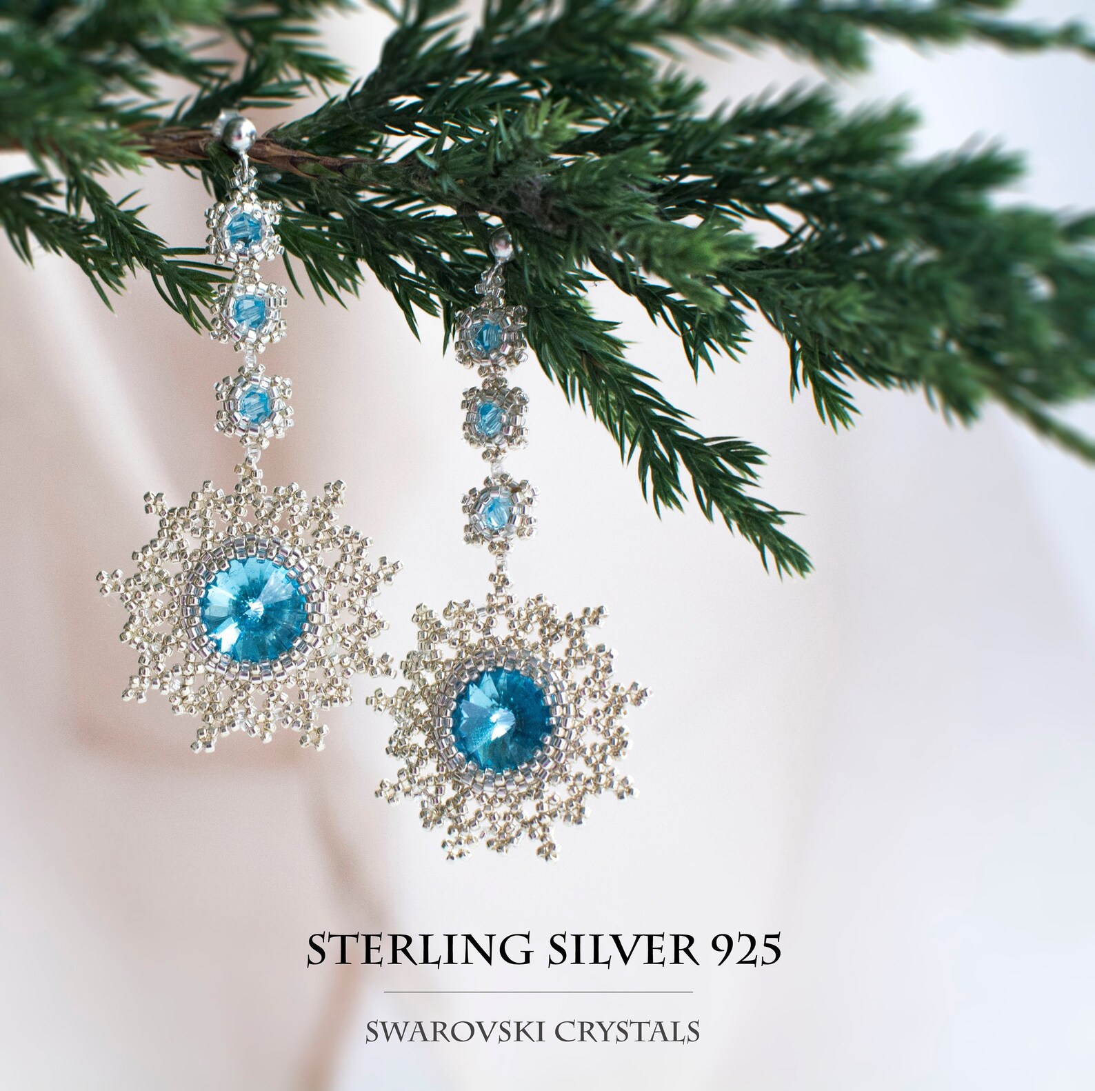 Silver Snowflakes Earrings With Blue Austrian Crystals and Beads ...