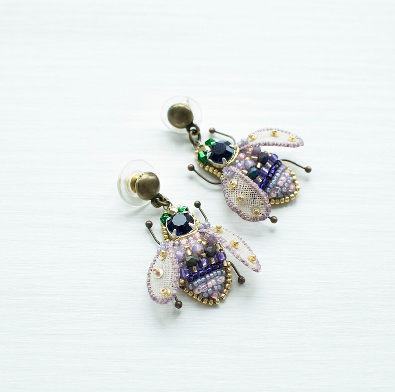 Fly Earrings With Violet Crystals and Seed Beads/ Small Insect Earrings ...