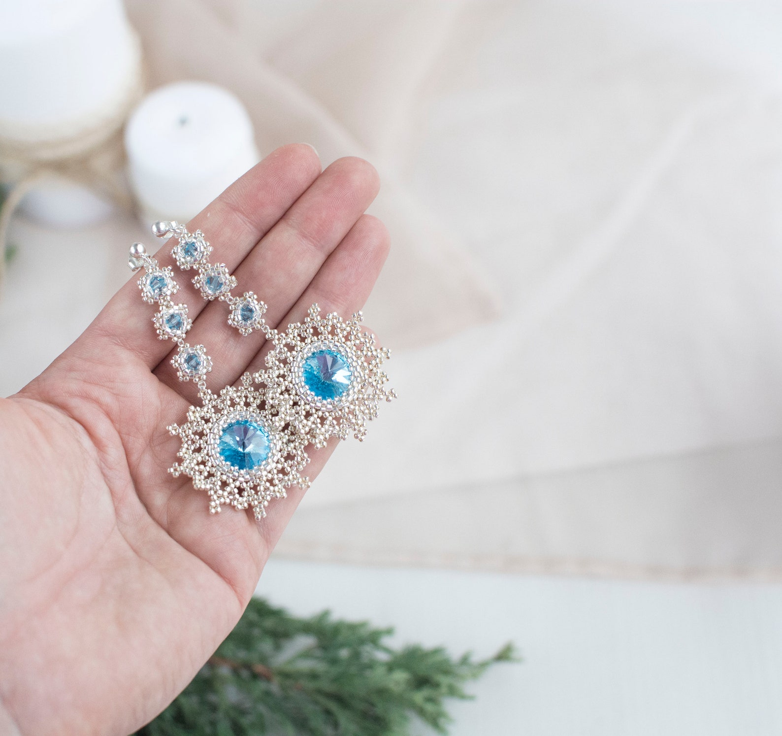 Silver Snowflakes Earrings With Blue Austrian Crystals and Beads ...