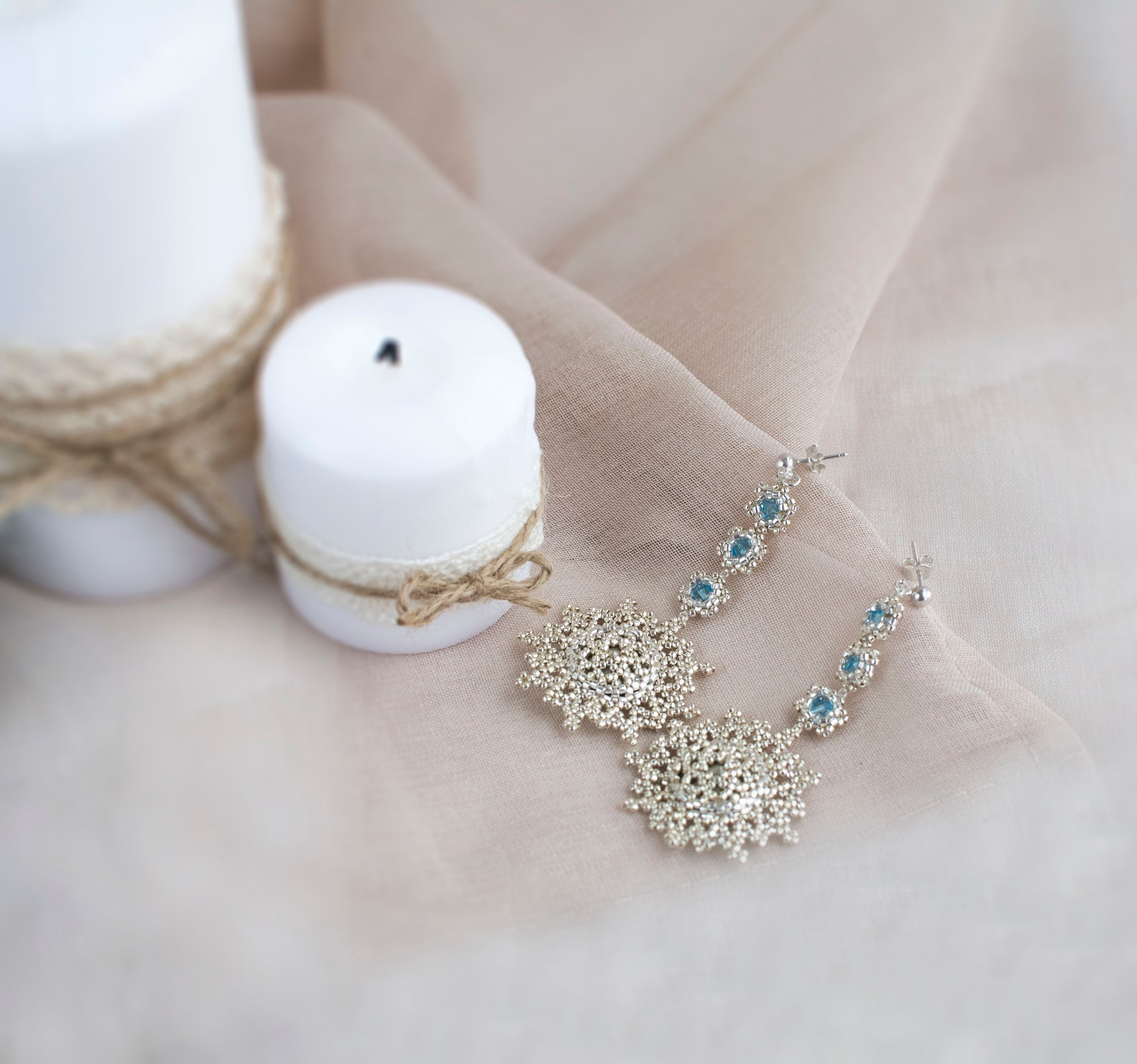Silver Snowflakes Earrings With Blue Austrian Crystals and Beads ...